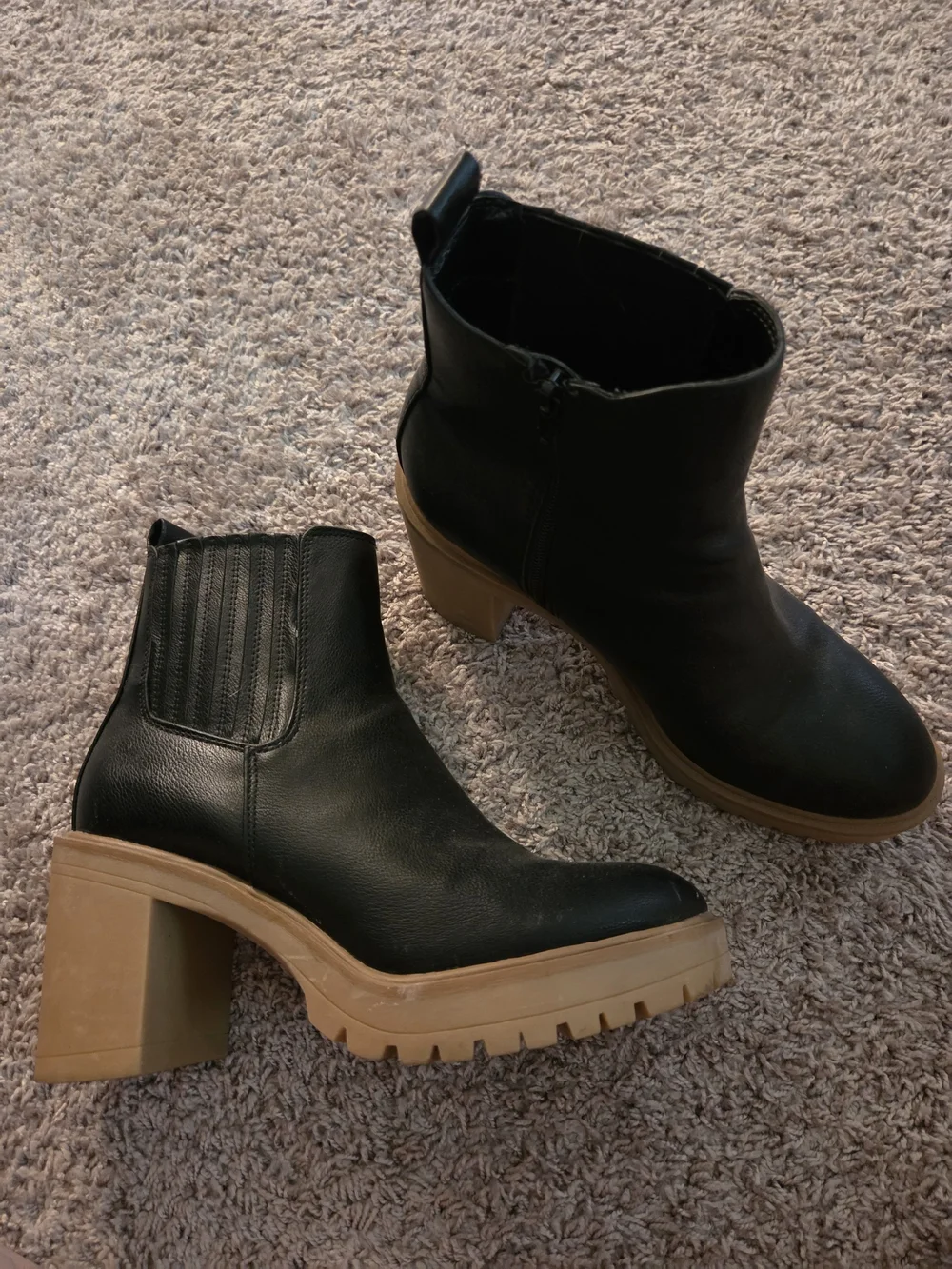 Shoes | Black Leatherlook Block Heel Chelsea Boot With Tan Lug Sole ...